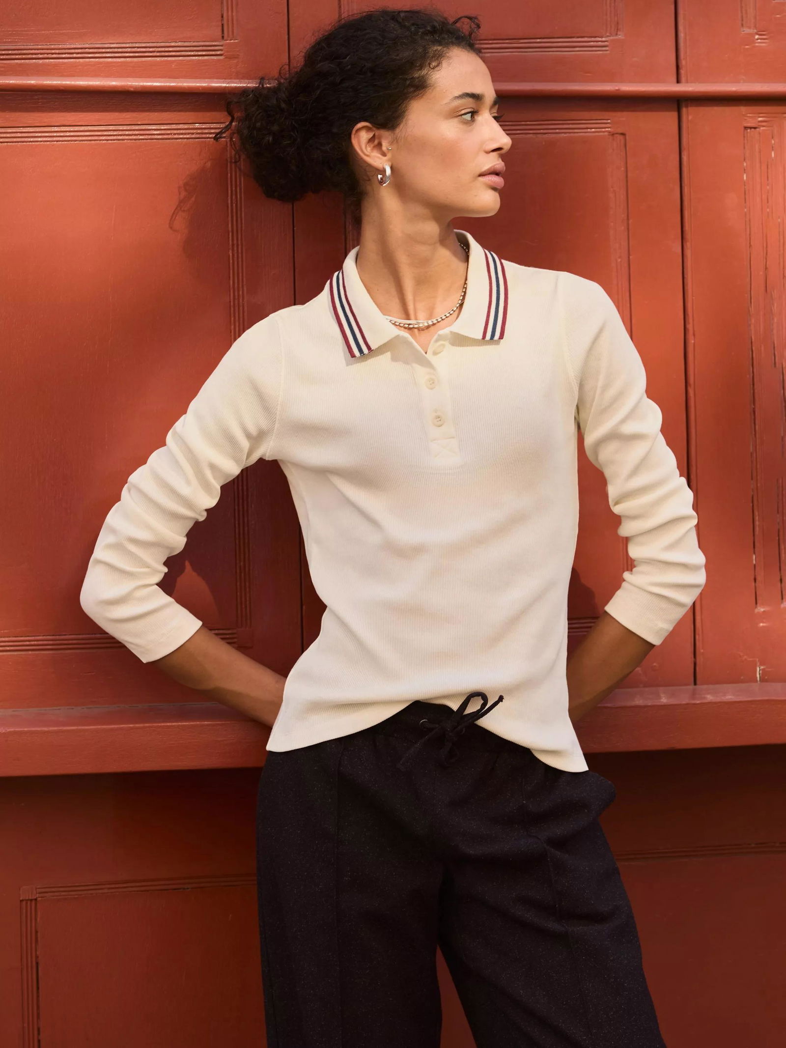 BAUKJEN Cameron Stripe Collar Polo Top, Cream | endource