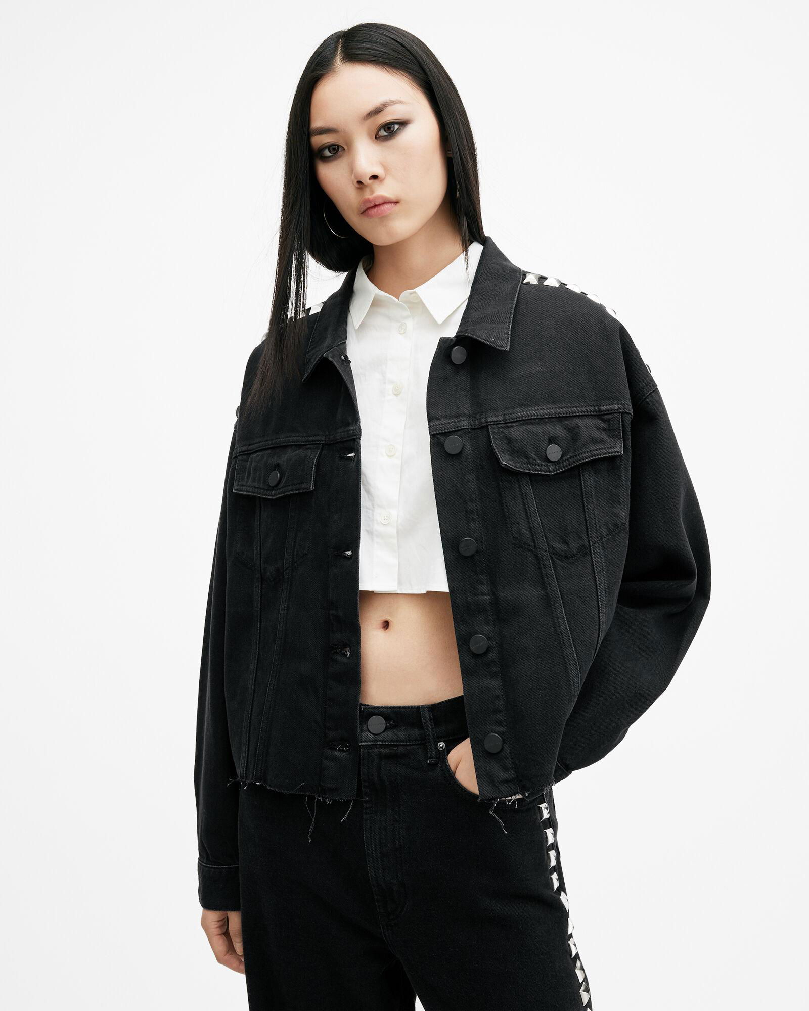 ALLSAINTS Piper Studded Denim Jacket in Black | endource