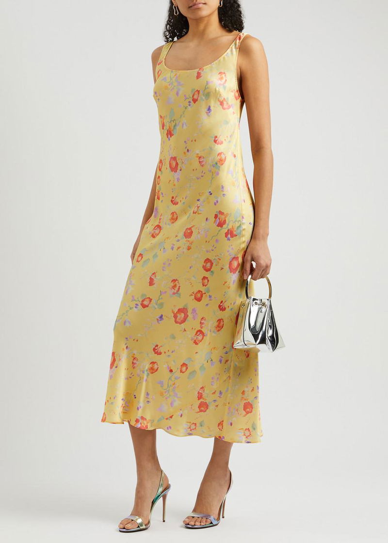 RIXO Bondi Floral Satin Midi Slip Dress | endource