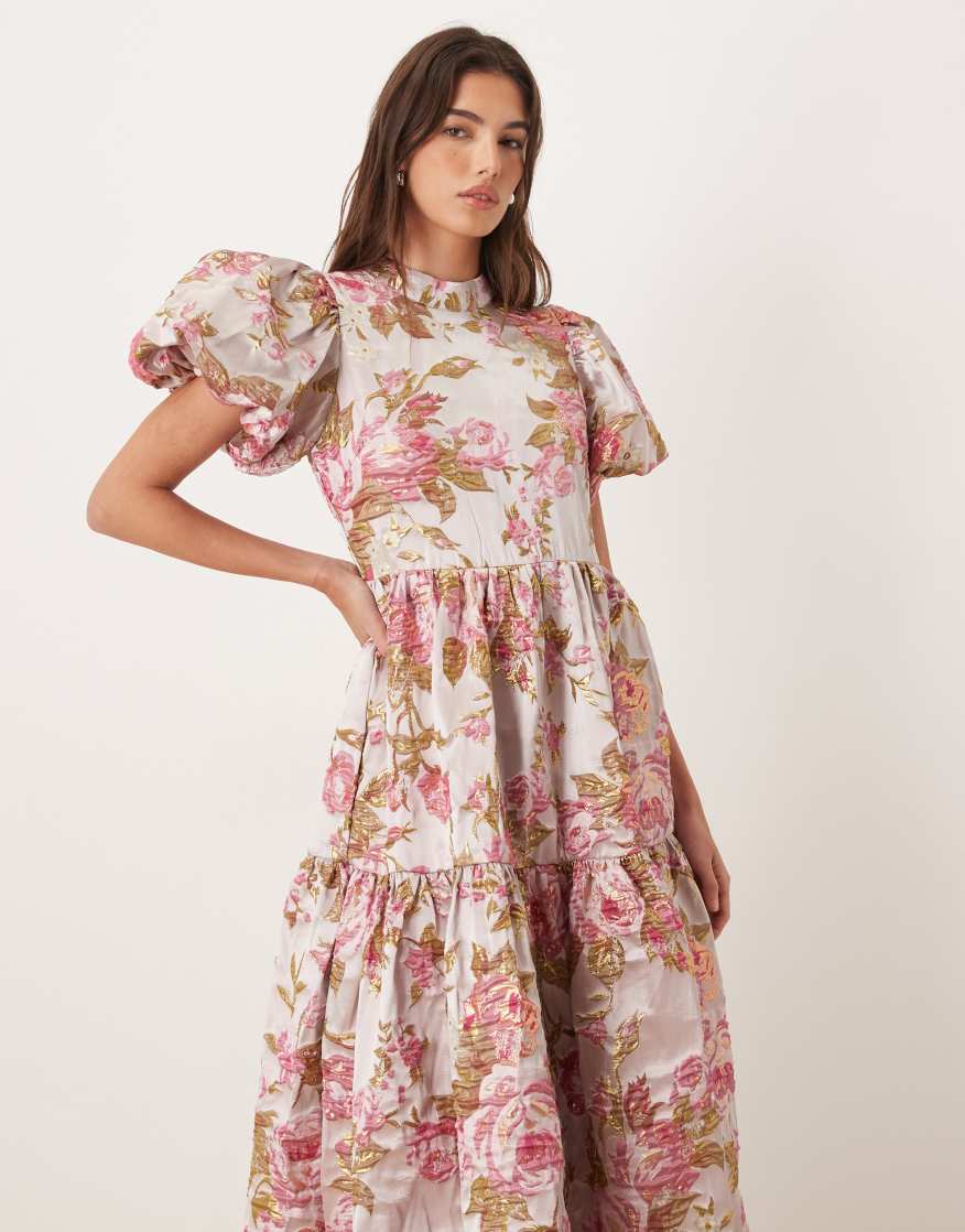 SISTER JANE Dream Almost Bloom Jacquard Puff Sleeve Tiered Ruffle Hem Midi Dress In Pink Floral ...