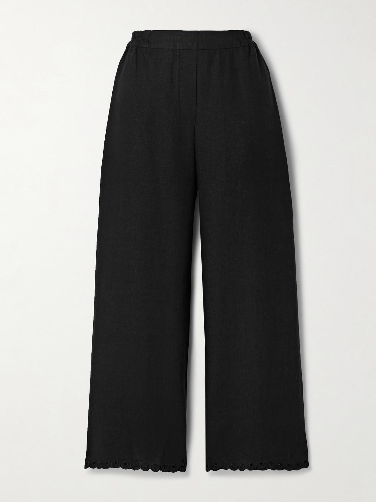 SLEEPER Sofia Broderie Anglaise-Trimmed Linen Pajama Pants in Black | Endource