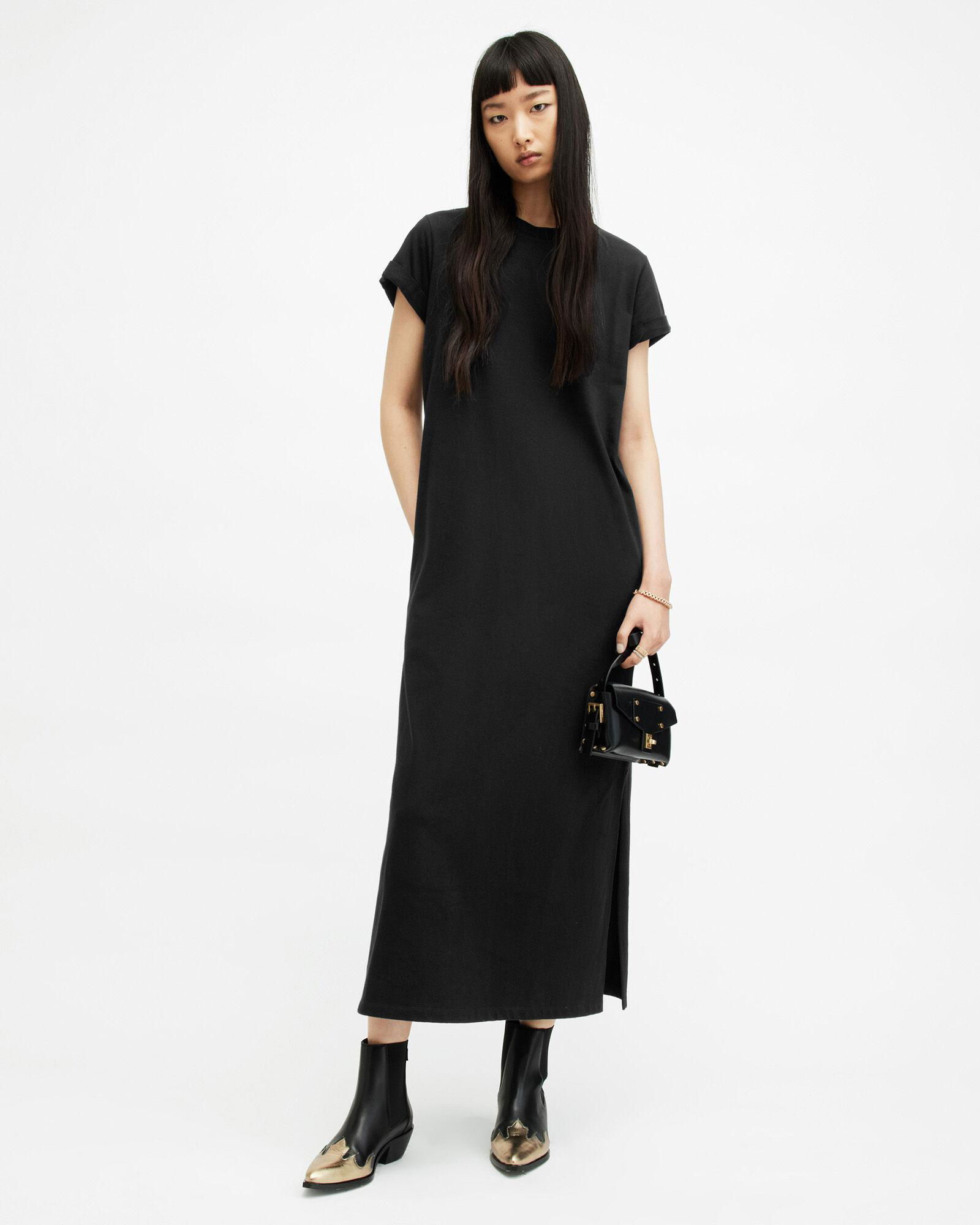 ALLSAINTS Anna Crew Neck Short Sleeve Maxi Dress in Black | endource