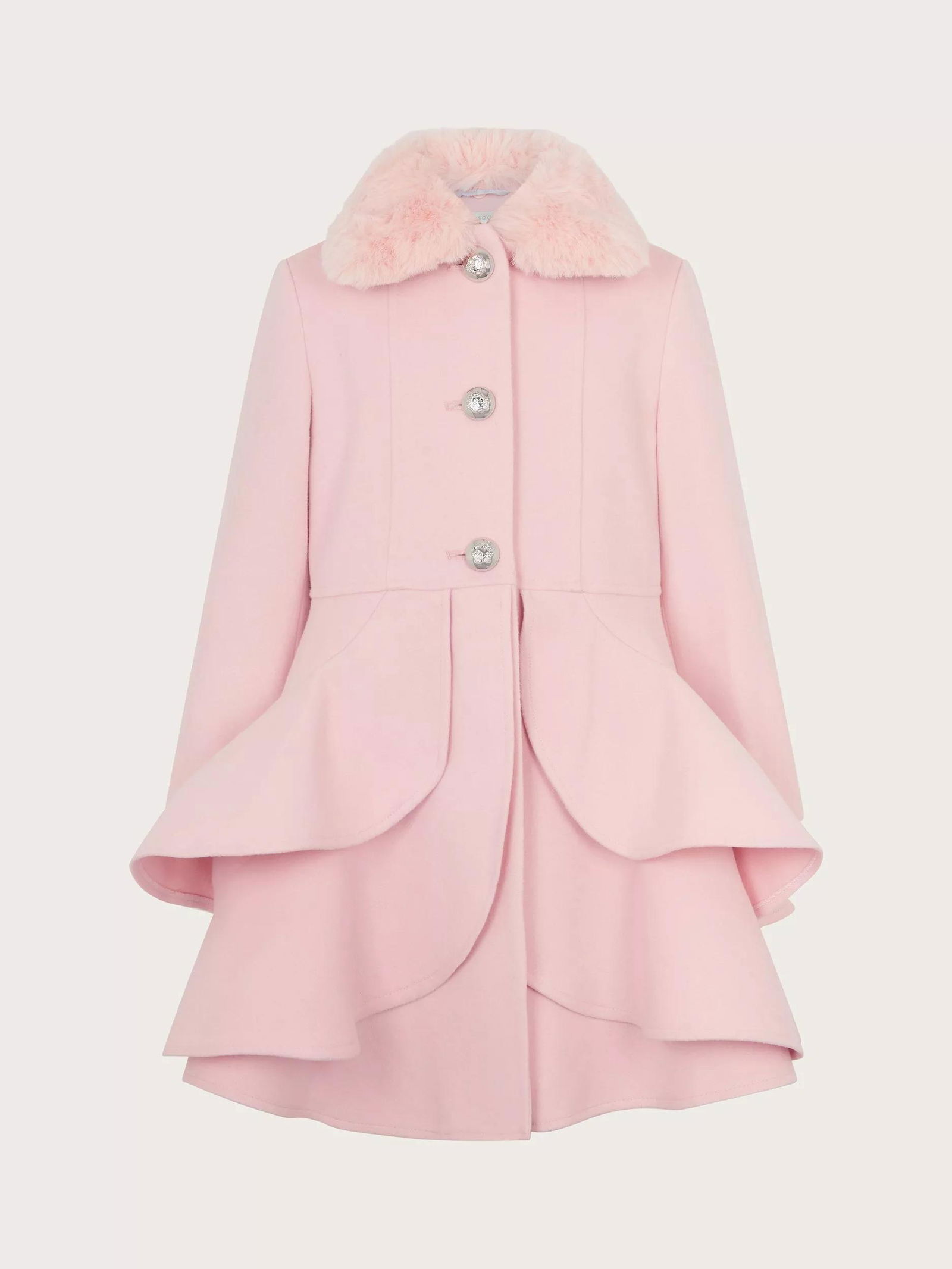Monsoon Faux Fur Collar Ruffled Coat in Pink | endource
