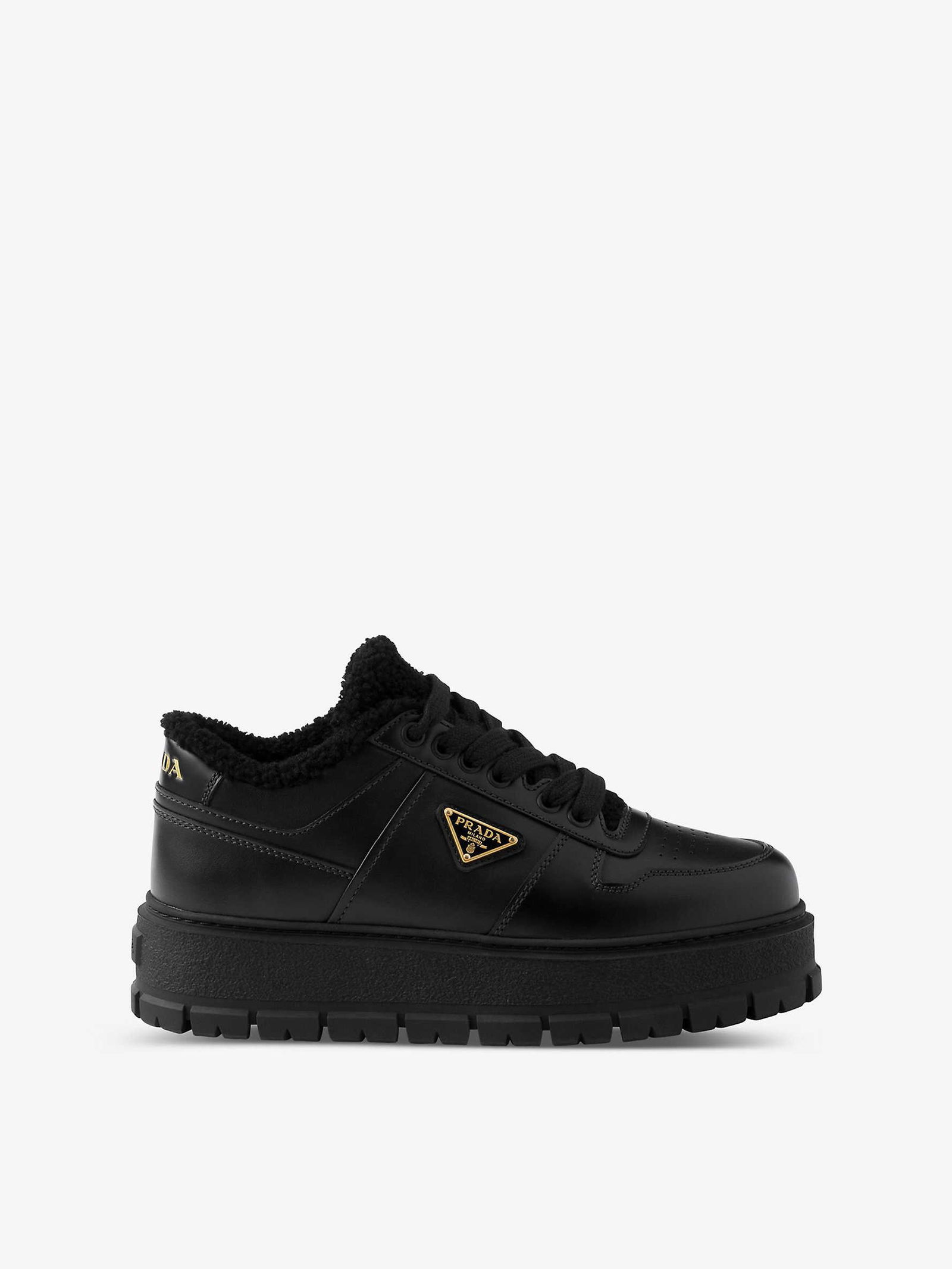 PRADA Brand-Plaque Shearling-Lined Leather Mid-Top Trainers | endource