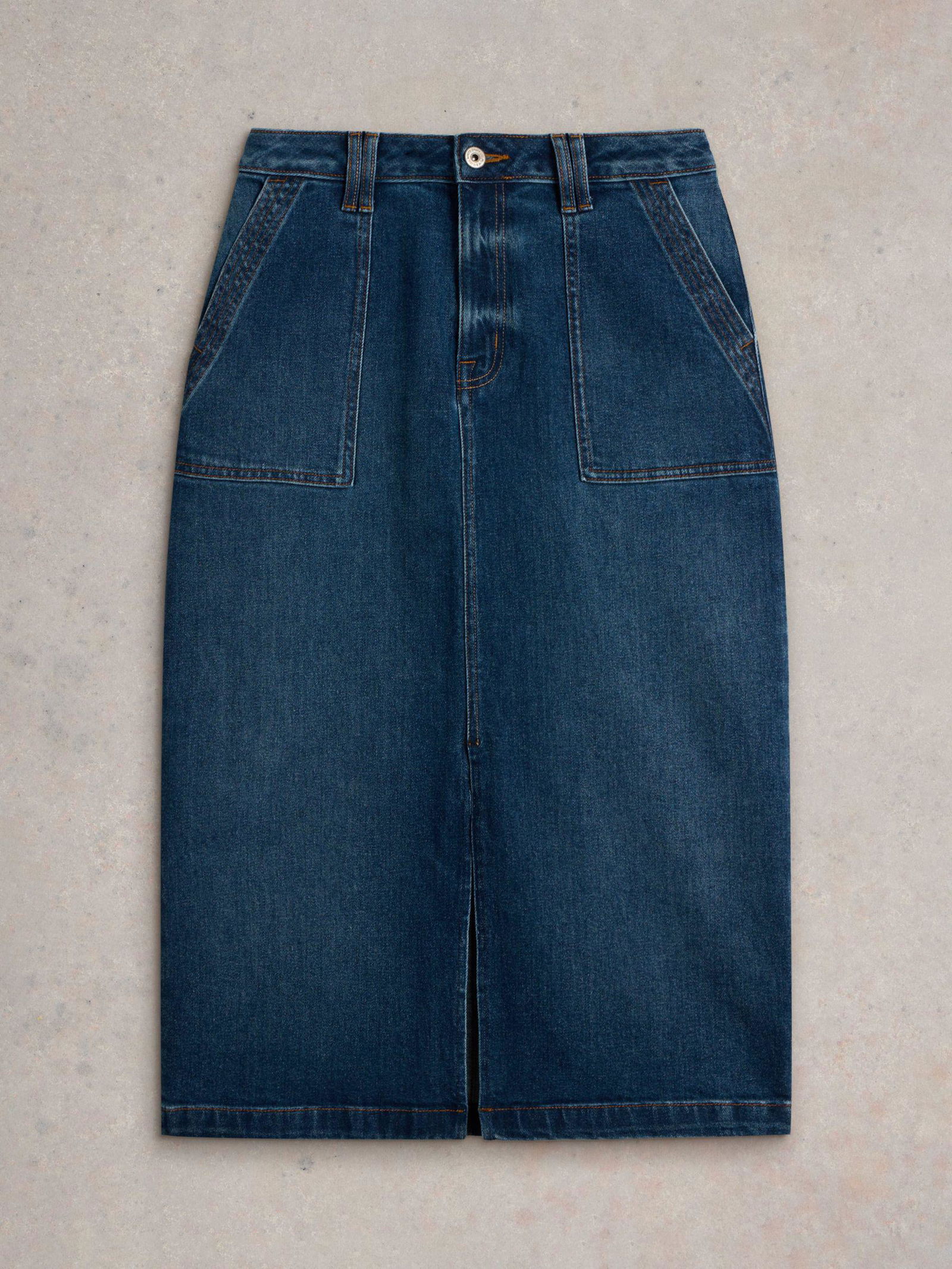 WHITE STUFF Maren Denim Midi Skirt in Mid Blue | endource