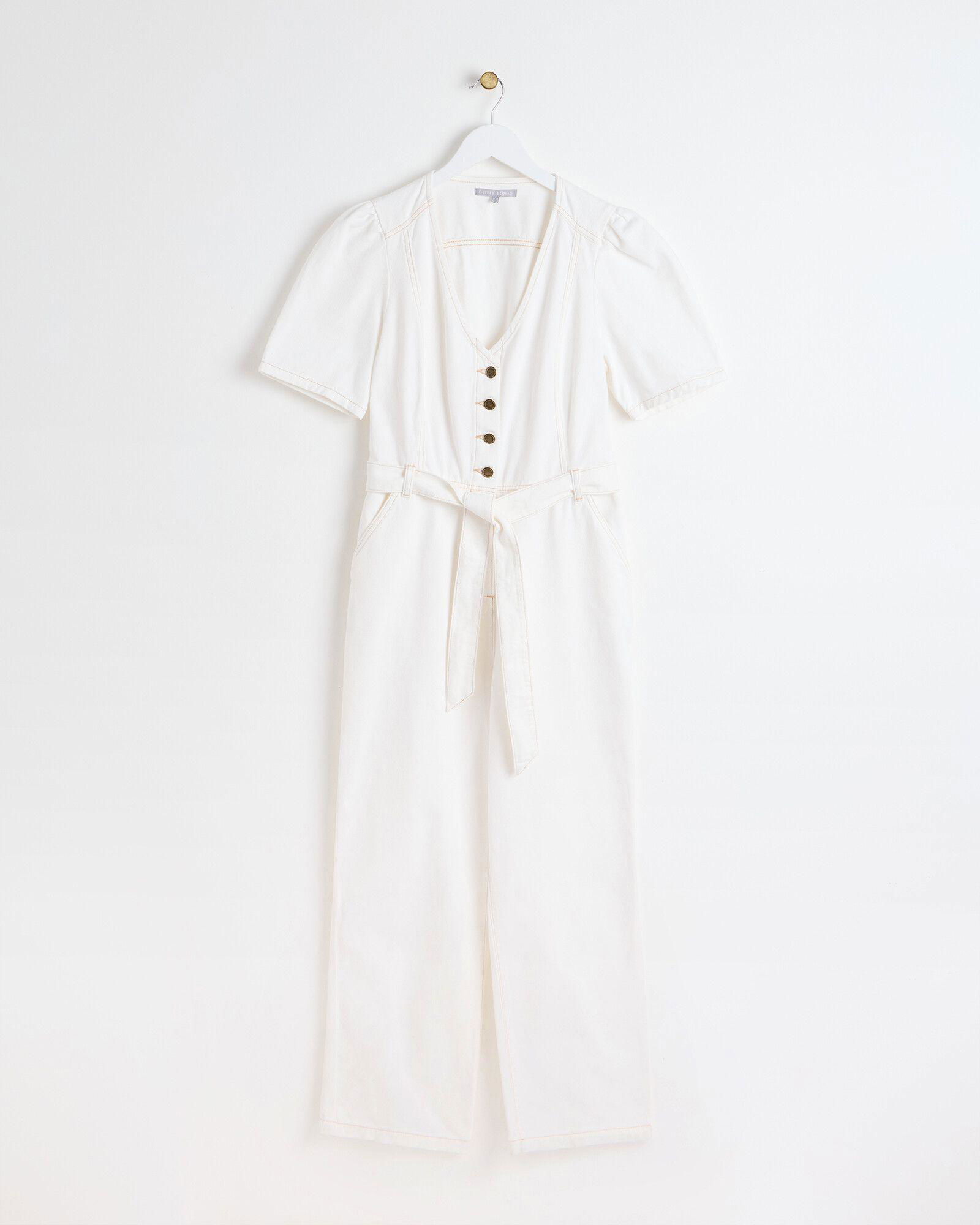 OLIVER BONAS Denim V-Neck Wide Leg Jumpsuit in White | endource