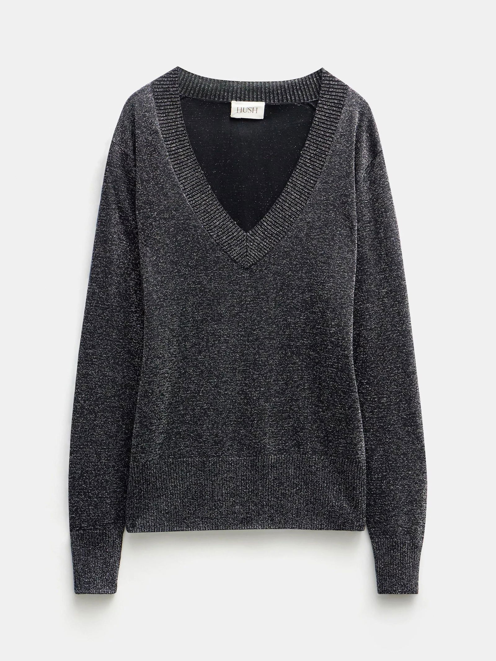 HUSH Gracey V-Neck Metallic Jumper in Silver | endource