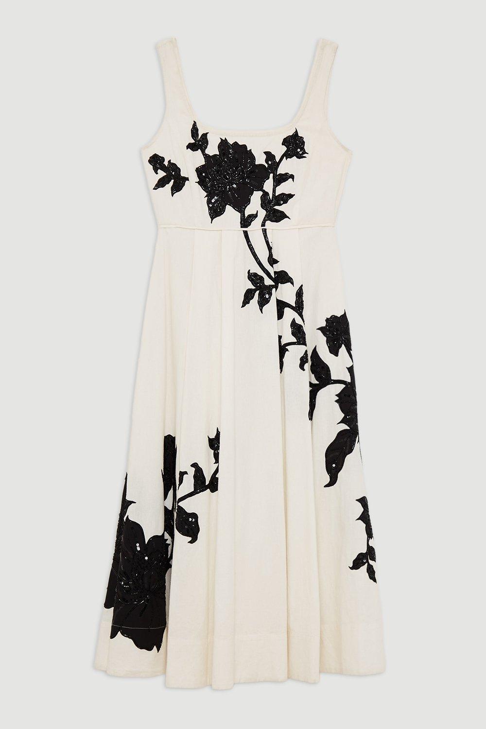 KAREN MILLEN Linen Cotton Hand Embellished Woven Prom Dress in Mono ...