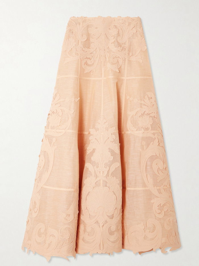 ZIMMERMANN Rebellion Appliquéd Linen And Silk-Blend Midi Skirt | endource
