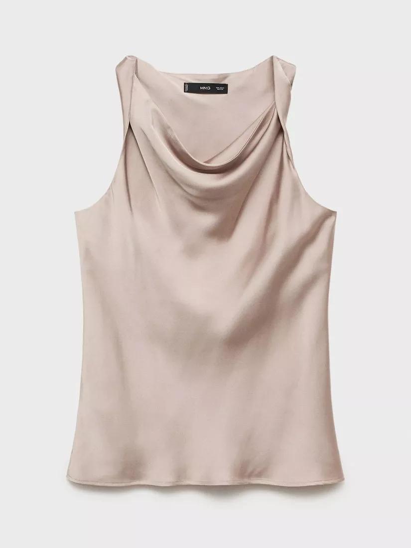 MANGO Uni Drape Neck Satin Top in Pastel Grey | endource