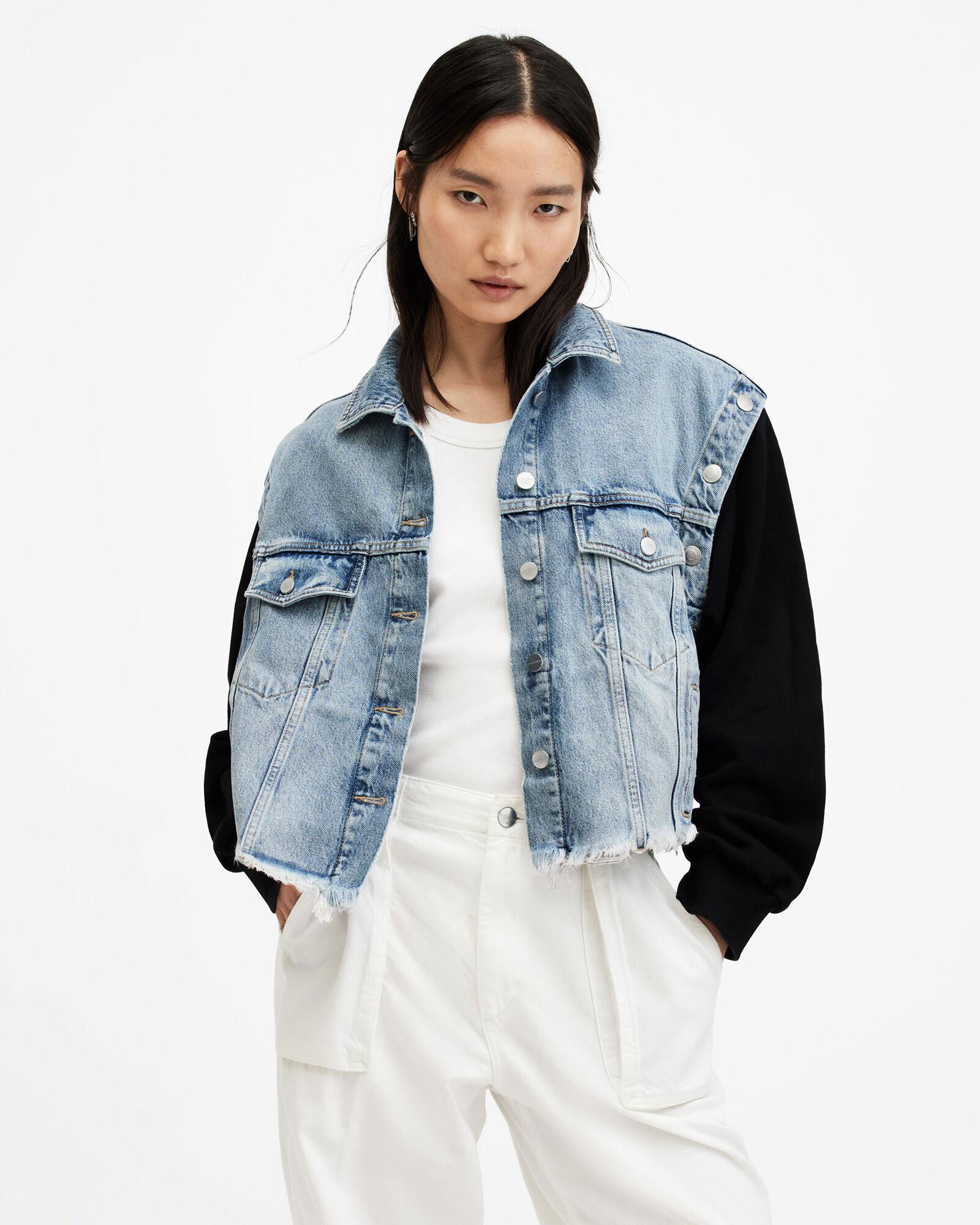 ALLSAINTS Chlo 2-In-1 Oversized Denim Jacket in LIGHT INDIGO/NAVY | Endource