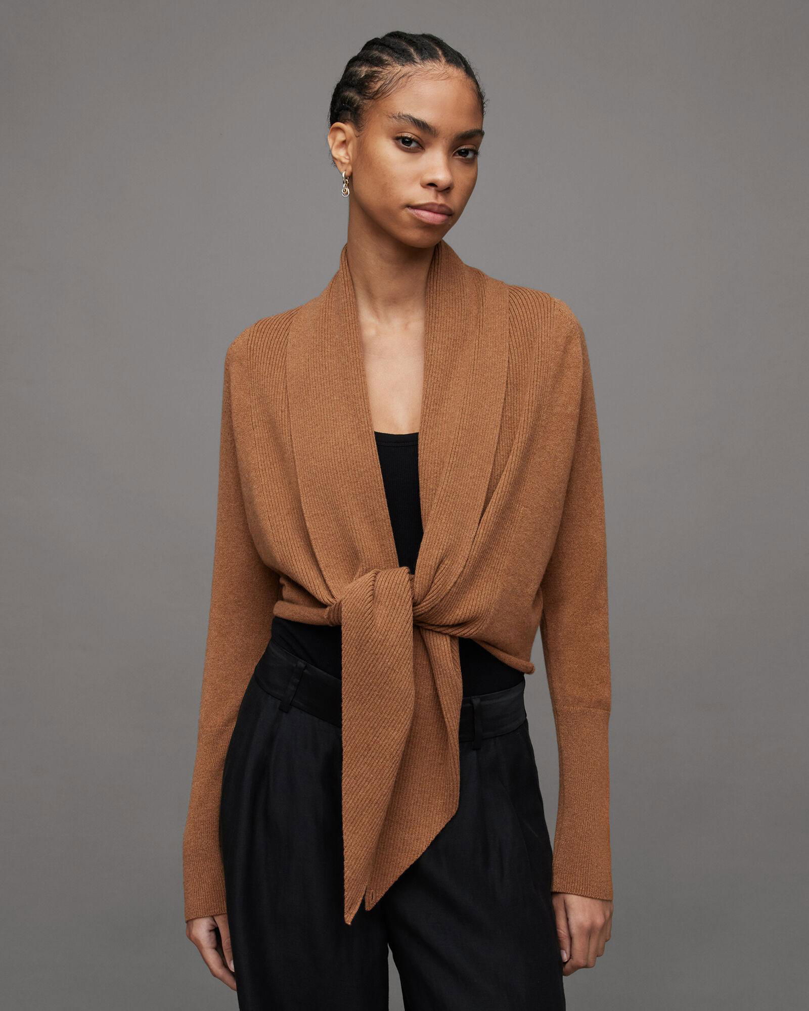 ALLSAINTS Pirate Waterfall Cashmere Cardigan in Camel/Charcoal | endource