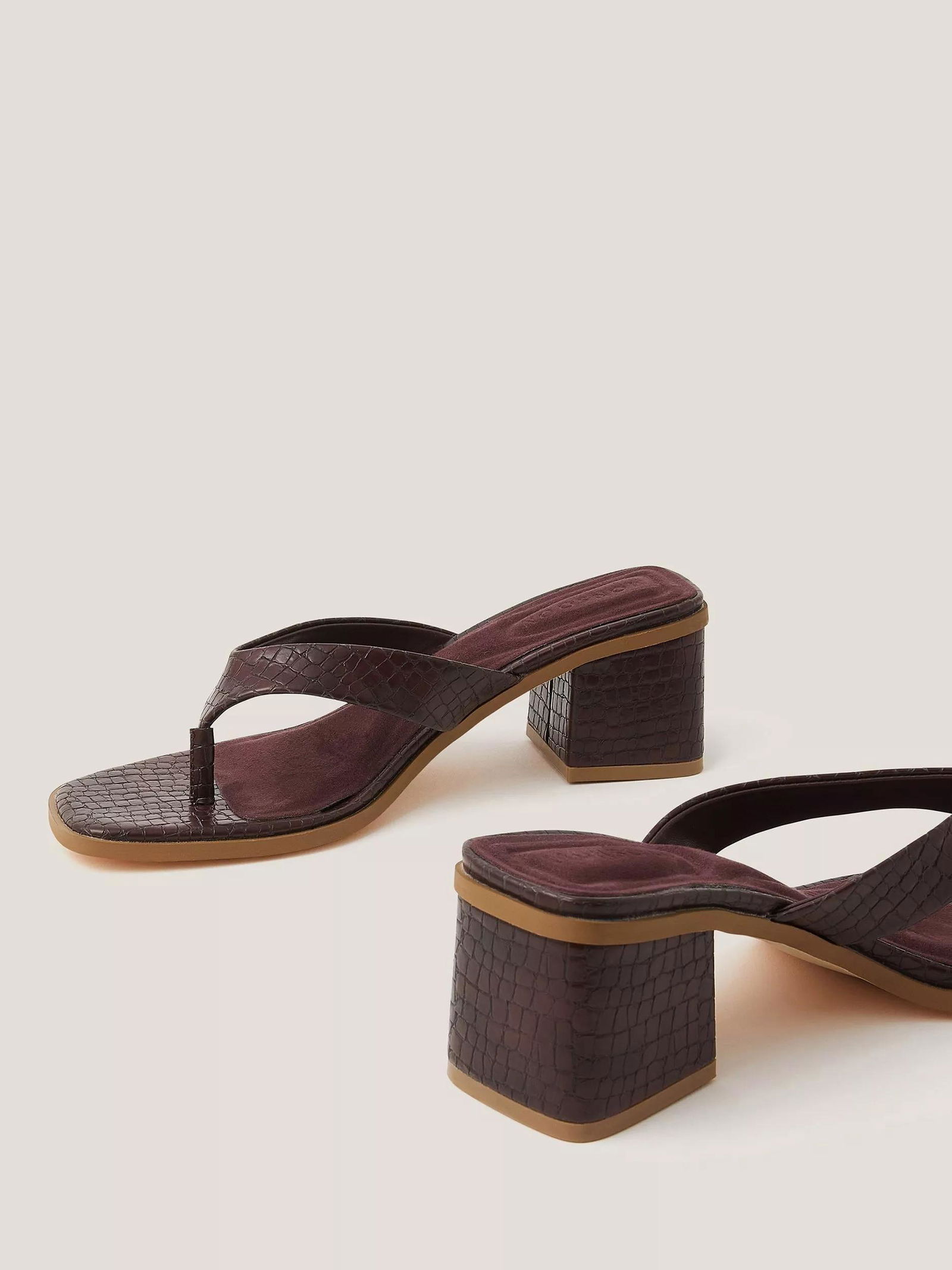 Monsoon Tilly Croc Effect Faux Leather Heeled Mules, Burgundy | endource