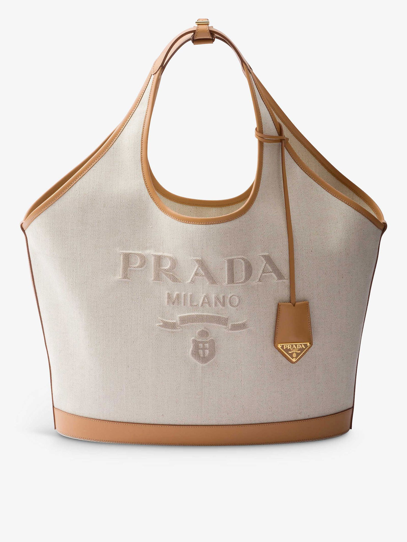 PRADA Logo-Embossed Large Linen And Leather Tote Bag in NEUTRAL | endource