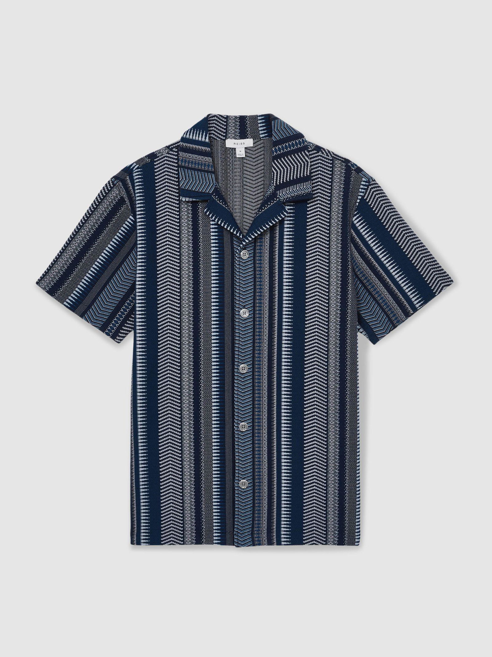 REISS Aztec-Stripe Cuban-Collar Shirt in Navy | endource