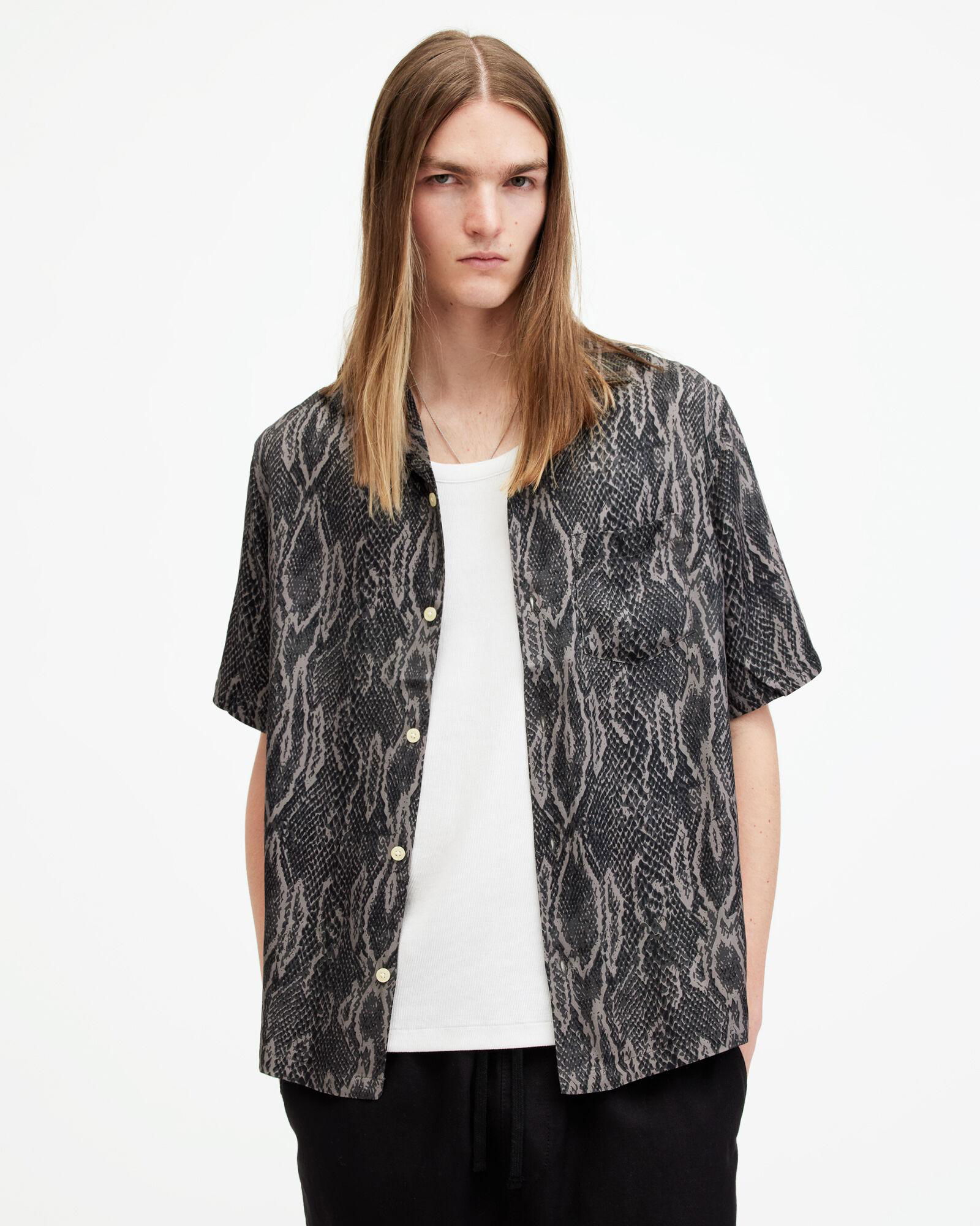 ALLSAINTS Boomslang Snake Print Relaxed Fit Shirt in Jet Black | endource