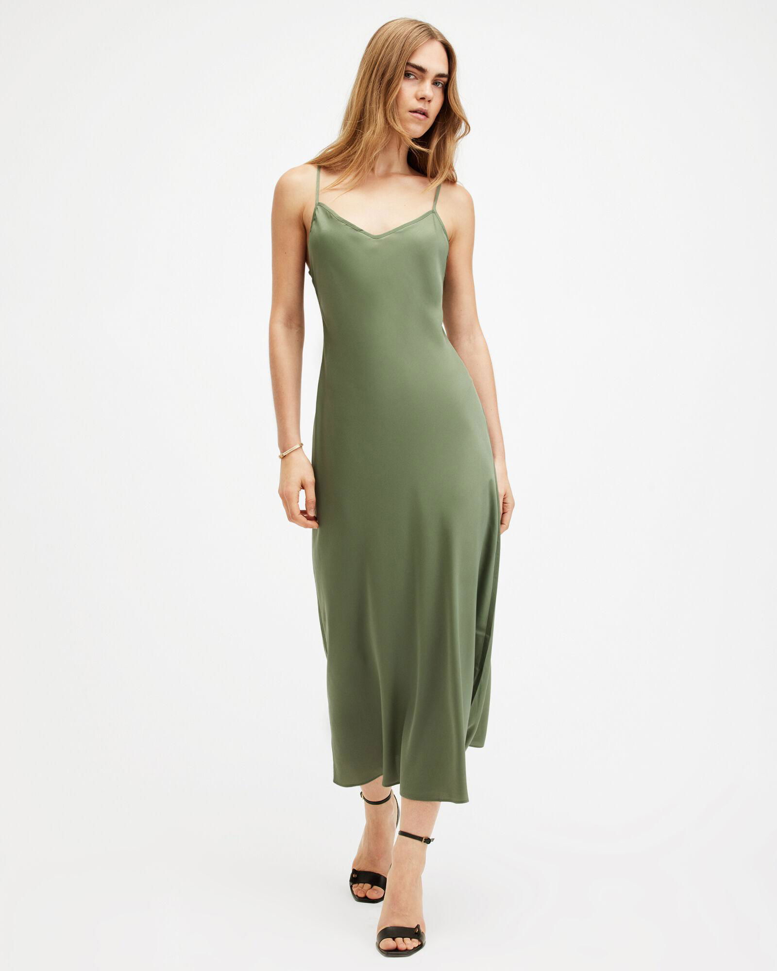 ALLSAINTS Bryony V-Neck Midi Slip Dress in Oil Green | Endource