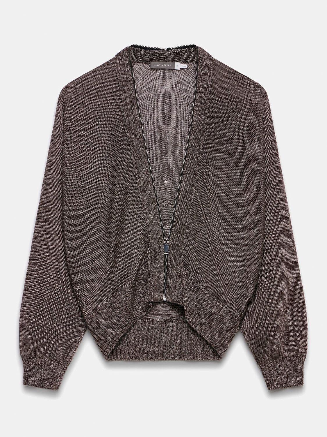 MINT VELVET Metallic Batwing Zip Front Cardigan in Dark Brown | endource