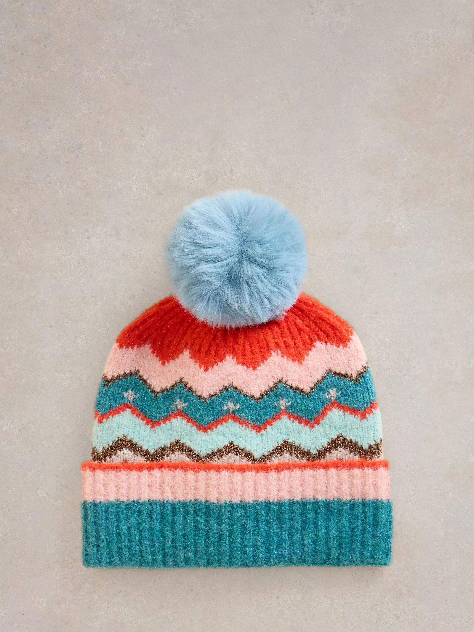 WHITE STUFF Zig Zag Pom Pom Beanie in Teal/Multi | endource
