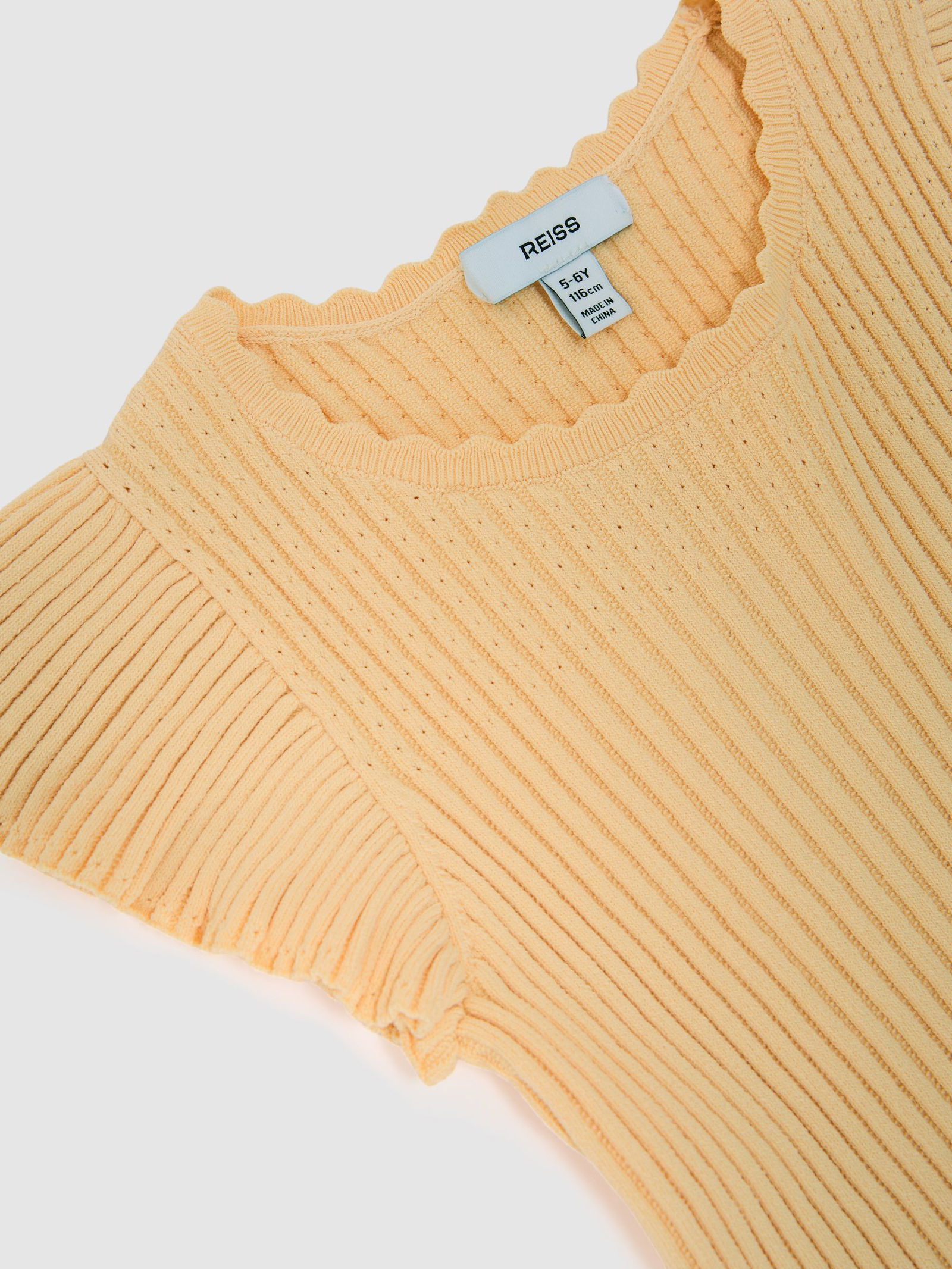 REISS 13-14 Yrs Pointelle Rib-Knit Frill-Sleeve Top In Lemon Yellow ...
