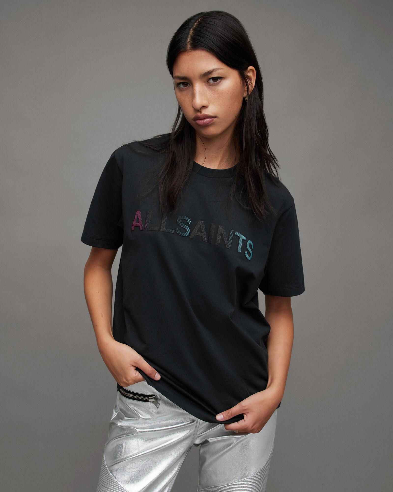 ALLSAINTS Shadow Oversized Boyfriend Logo T-Shirt in Washed Black ...