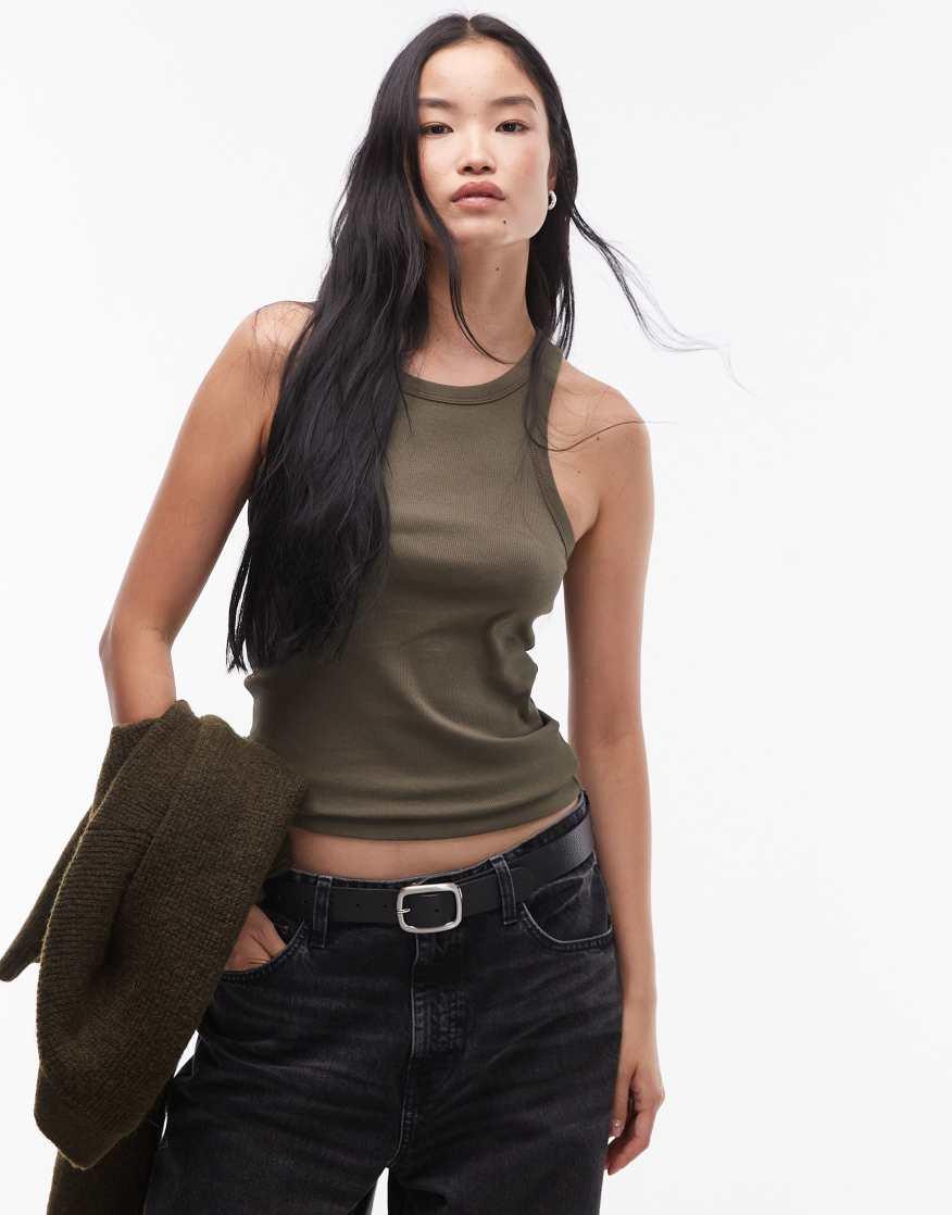 ARKET Rib Jersey Racer Back Tank Vest in KHAKI GREEN | endource