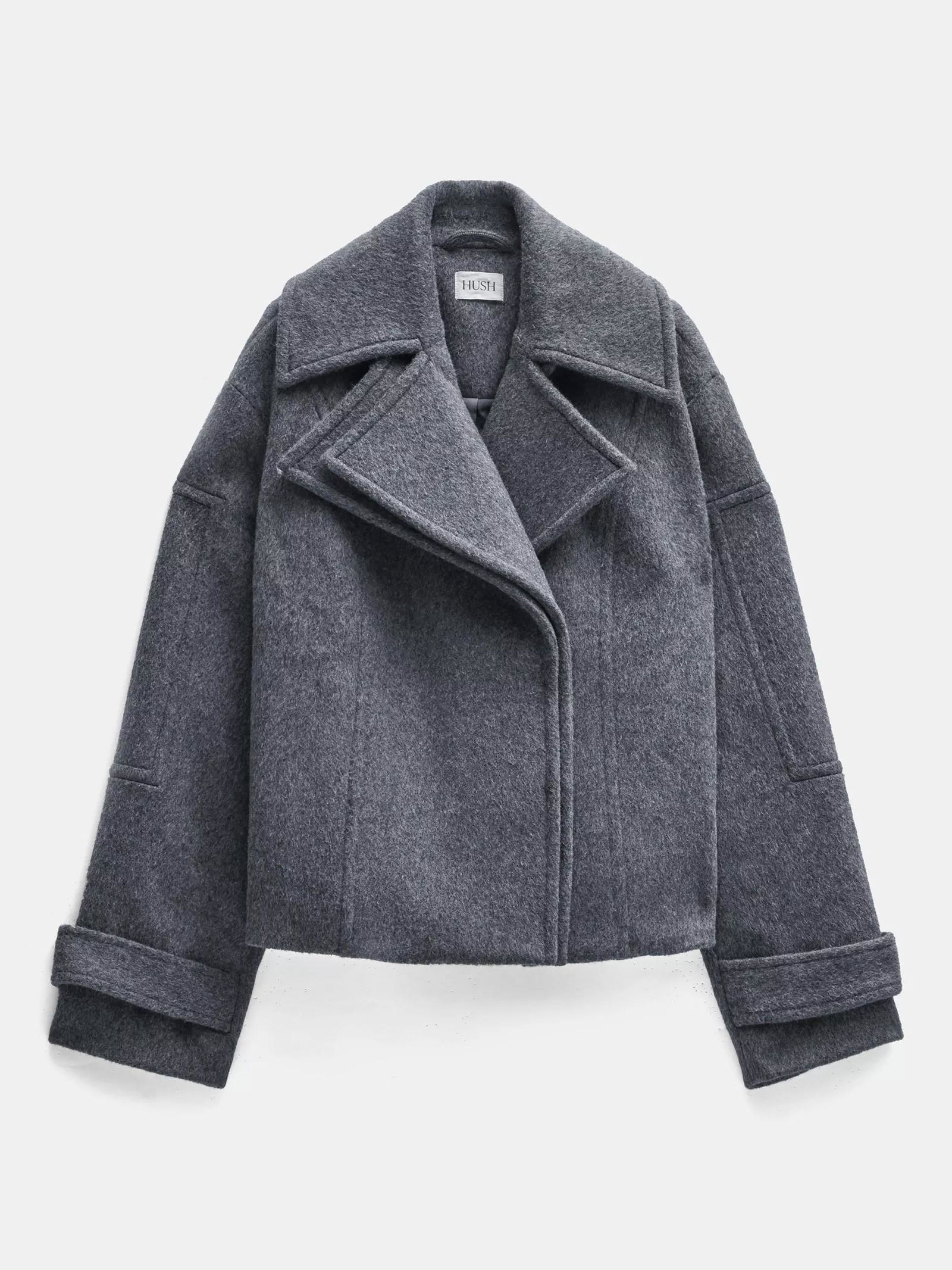 HUSH Double Lapel Pure Wool Jacket in Grey | endource