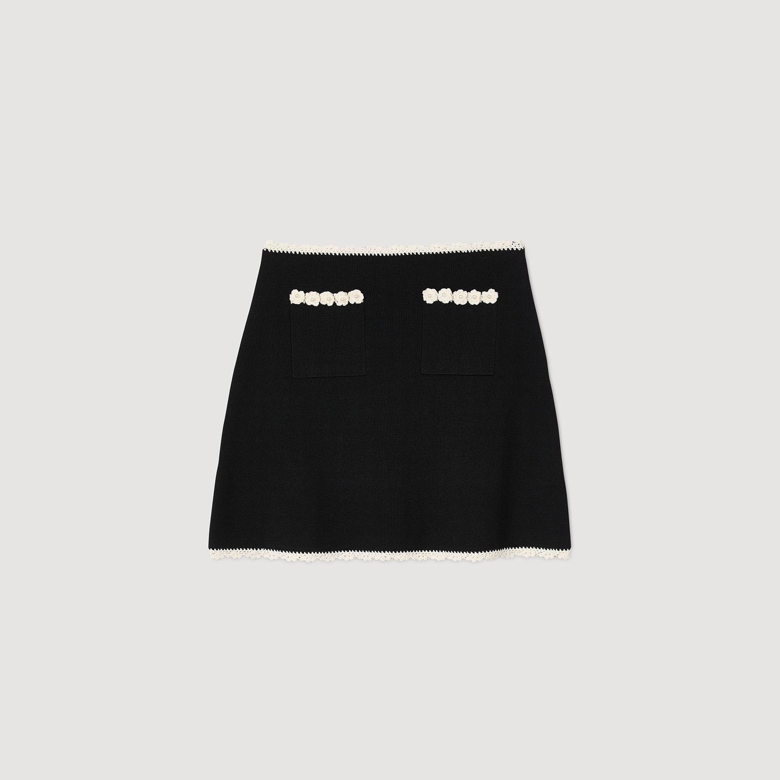 SANDRO Short Skirt With Crochet Details in Black | endource