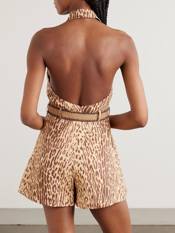 ZIMMERMANN Cascadian Belted Pleated Leopard-Print Linen Playsuit | endource
