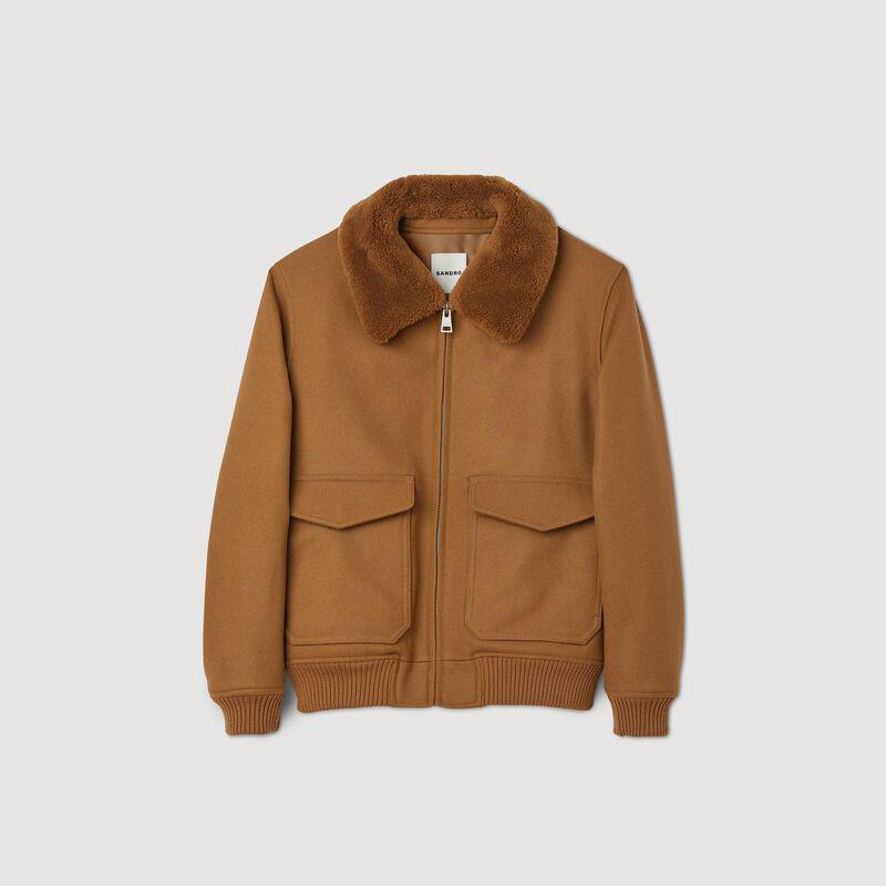 SANDRO Aviator Jacket With Sheepskin Collar in Caramel | endource