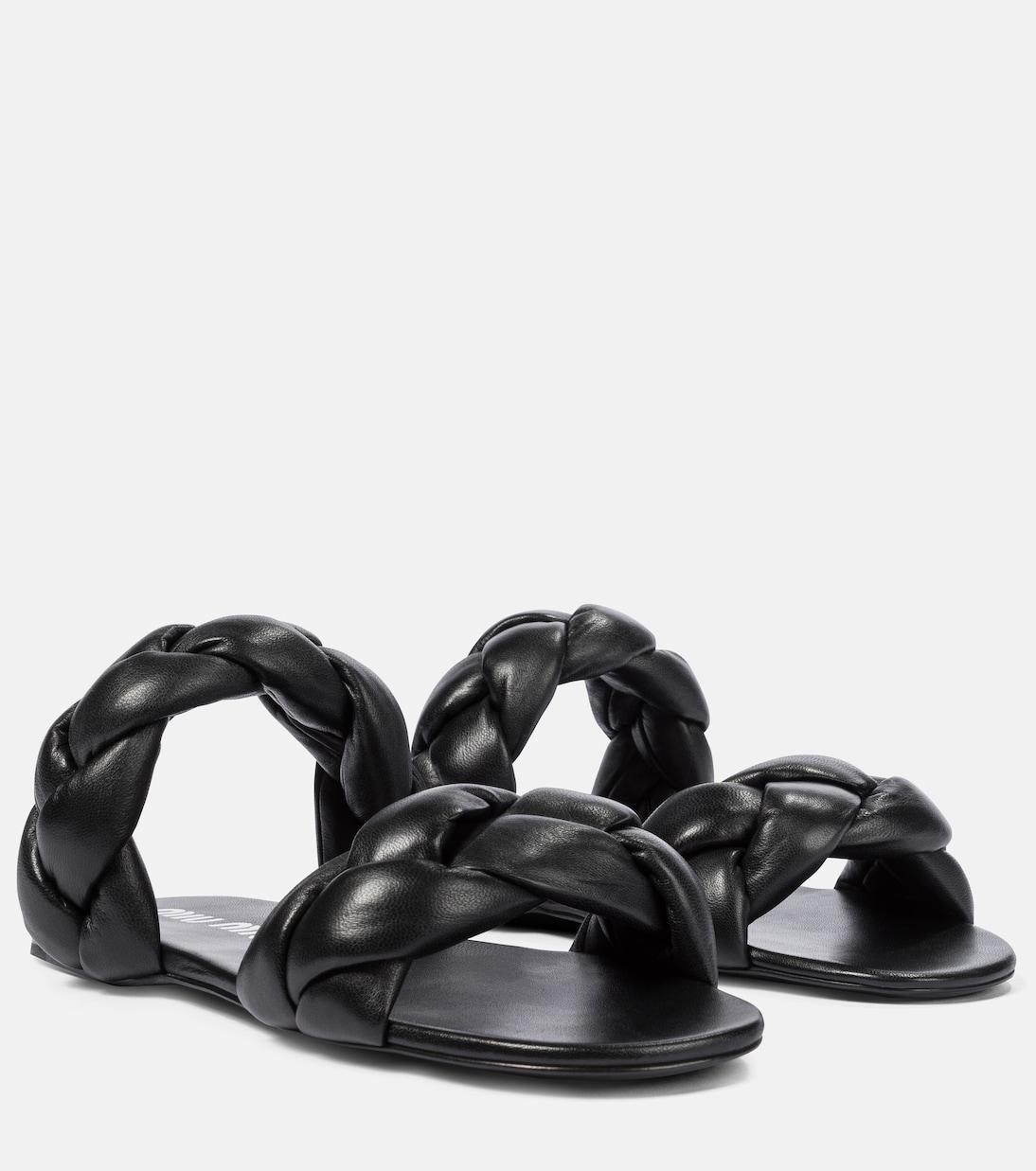 MIU MIU Braided Leather Slides in Black | endource