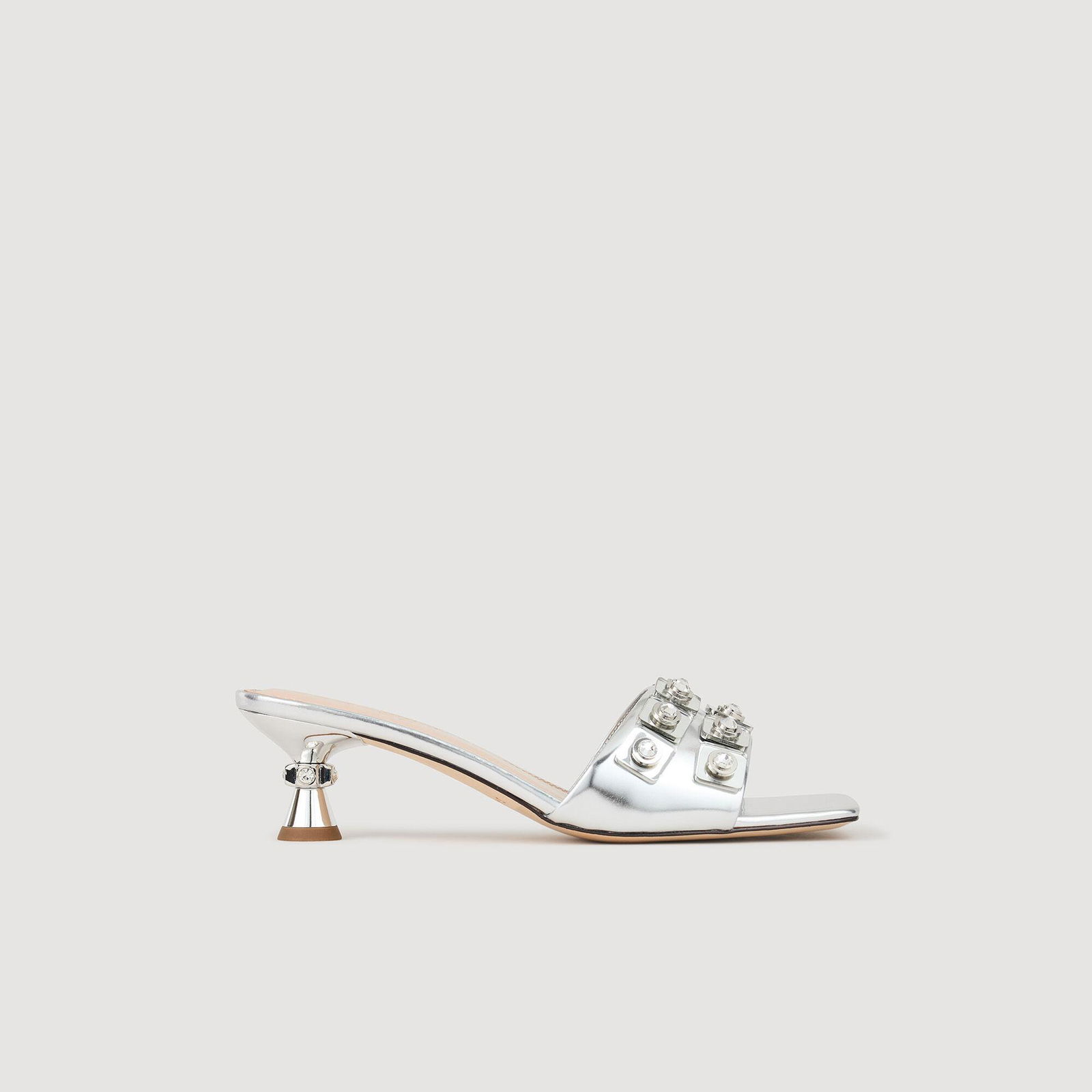 SANDRO Metallic Leather Mules in Silver | endource
