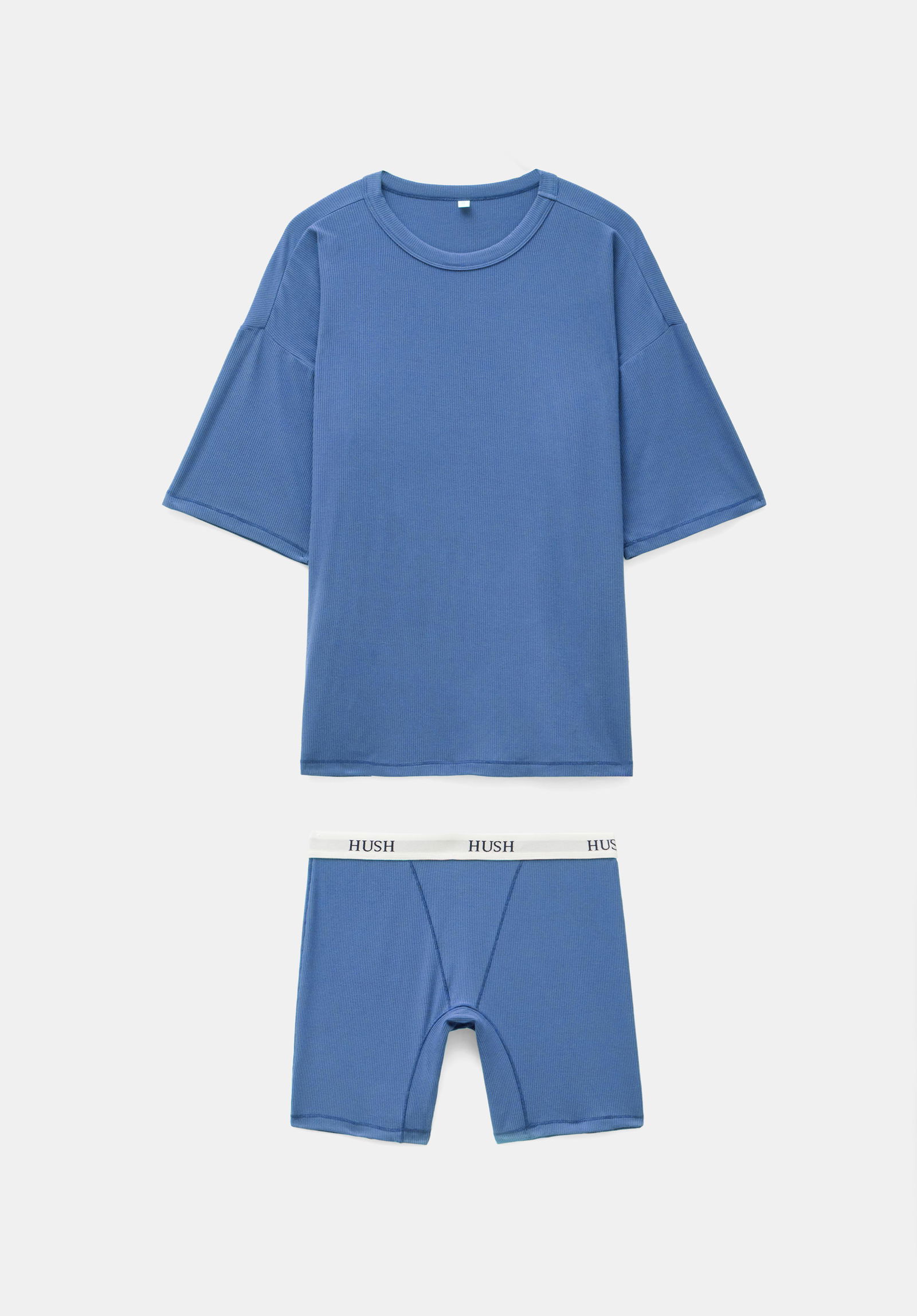 HUSH Ribbed Viscose Boxer Short Pyjamas Set in Mid Blue | endource