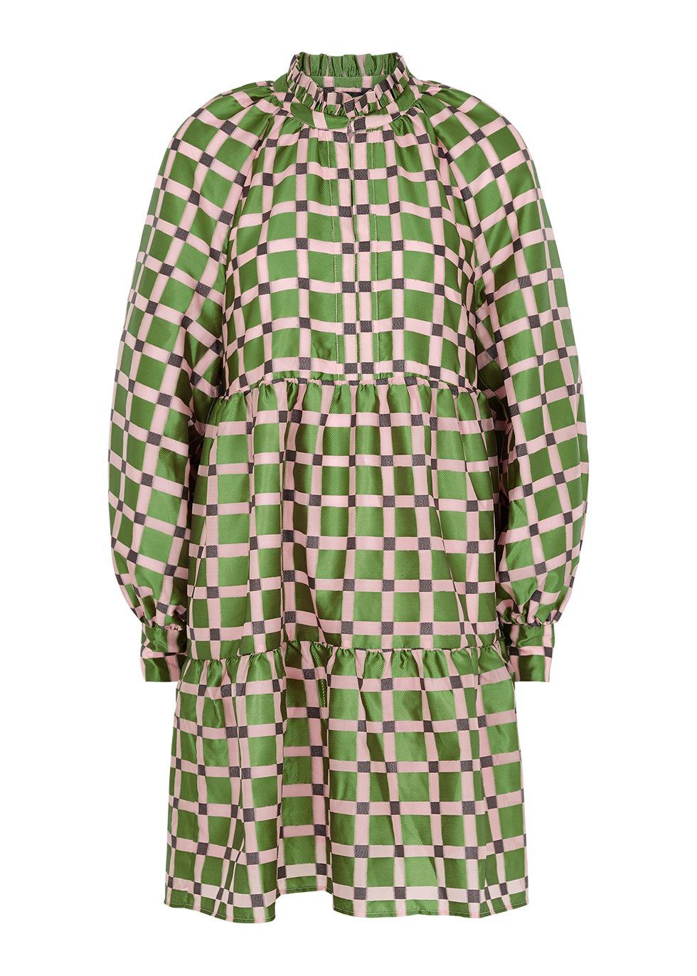 STINE GOYA Jasmine Checked Satin-Jacquard Mini Dress in Green | endource