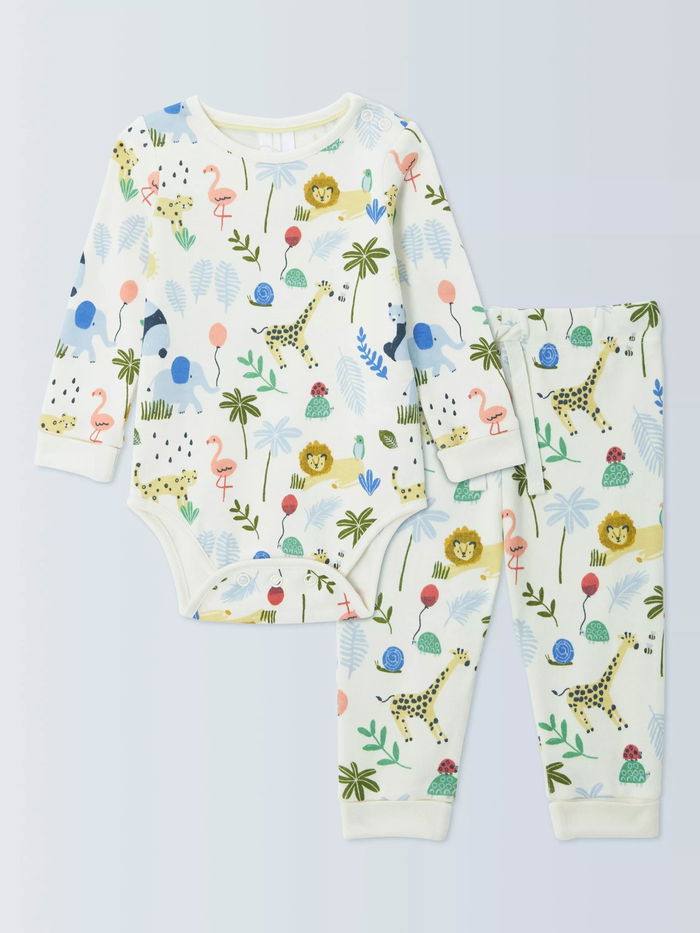 JOHN LEWIS Baby Safari Long Sleeve Bodysuit & Trousers Set, White ...