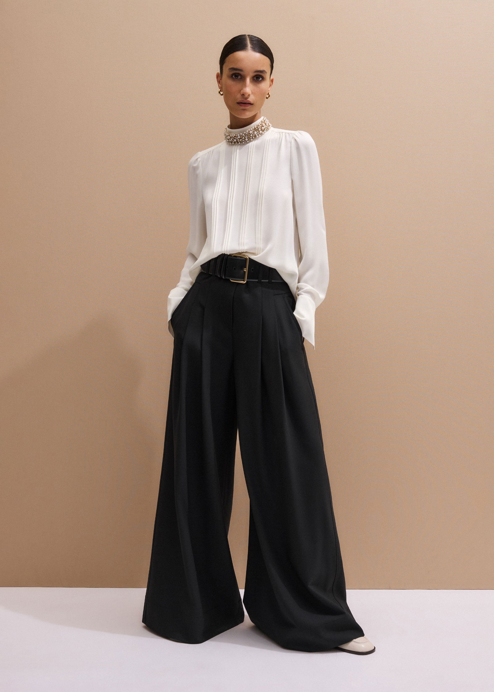 ME+EM Silk Am-Pm High Neck Top + Embellished Collar Light Cream | endource