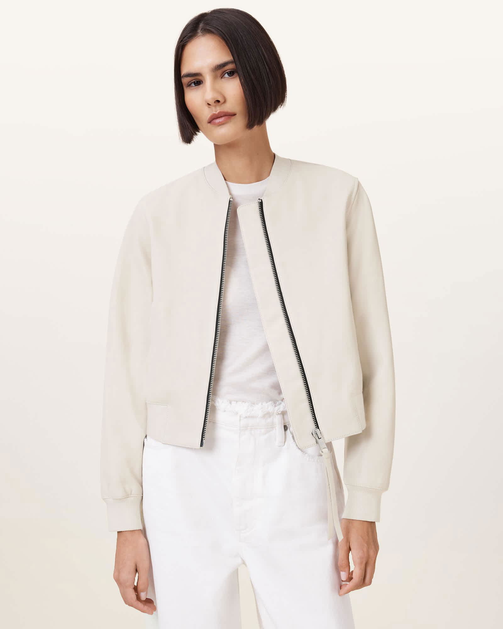 ALLSAINTS Orten Leather Bomber Jacket in Onyx White | endource