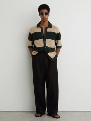 REISS Marek Cotton Block-Stripe Knitted Shirt In Dark Green/Camel ...