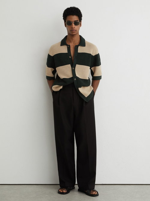 REISS Marek Cotton Block-Stripe Knitted Shirt In Dark Green/Camel ...