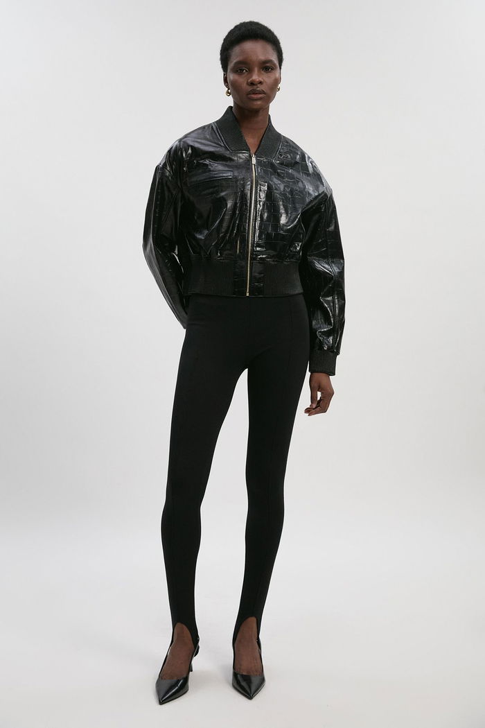 KAREN MILLEN High Shine Croc Embossed Leather Bomber Jacket | endource
