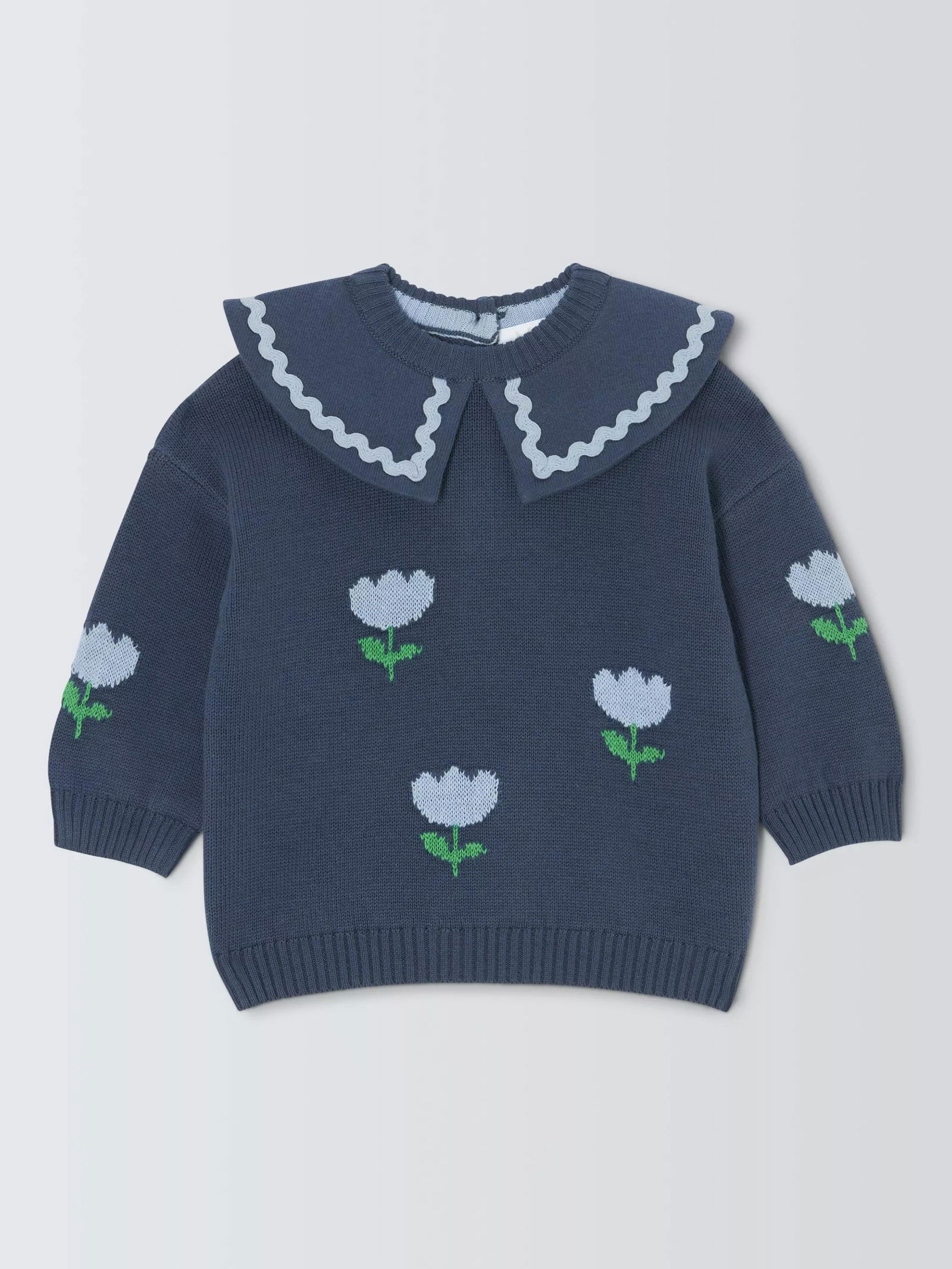 JOHN LEWIS Baby Floral Ric Rac Collar Jumper, Blue | endource
