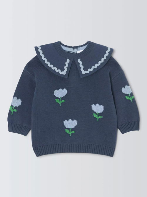 JOHN LEWIS Baby Floral Ric Rac Collar Jumper, Blue | endource
