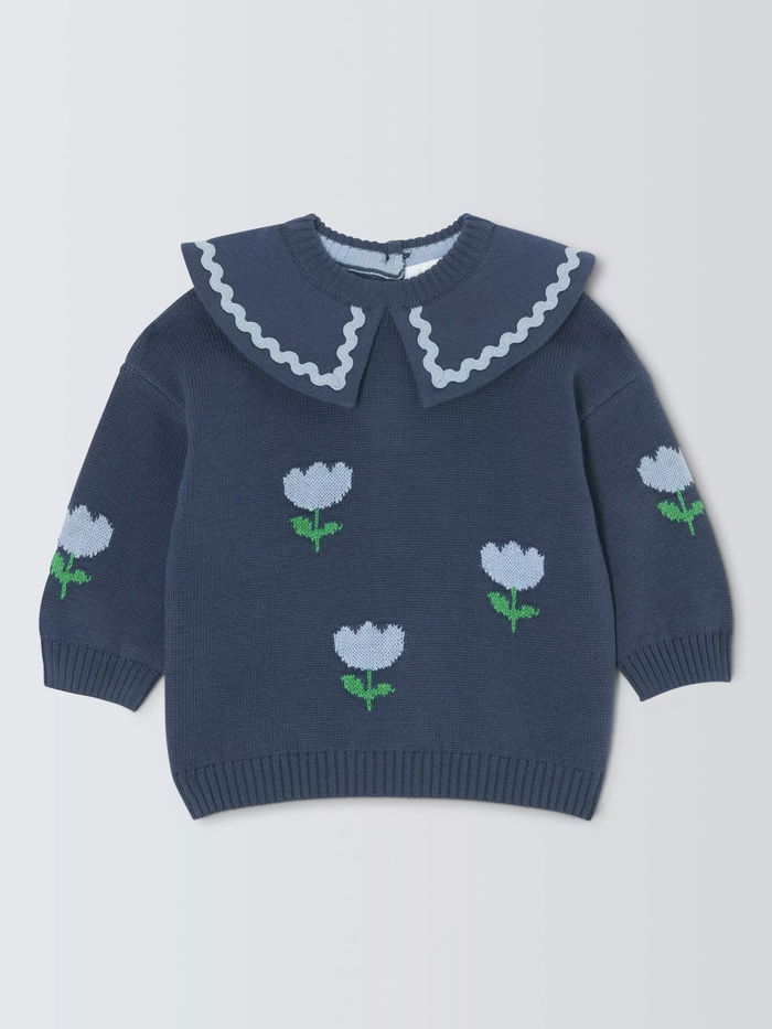 JOHN LEWIS Baby Floral Ric Rac Collar Jumper, Blue | endource
