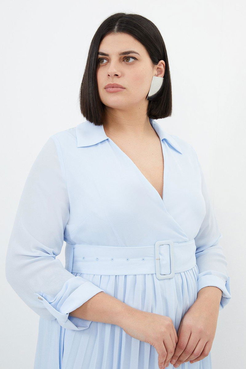 Karen Millen Plus Size Georgette Belted Pleated Midi Dress In Blue