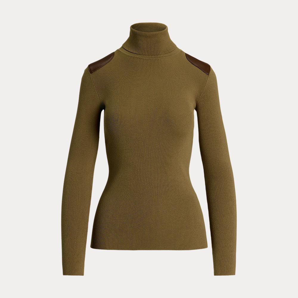LAUREN RALPH LAUREN Faux-Leather-Trim Rib-Knit Roll Neck in Cream ...