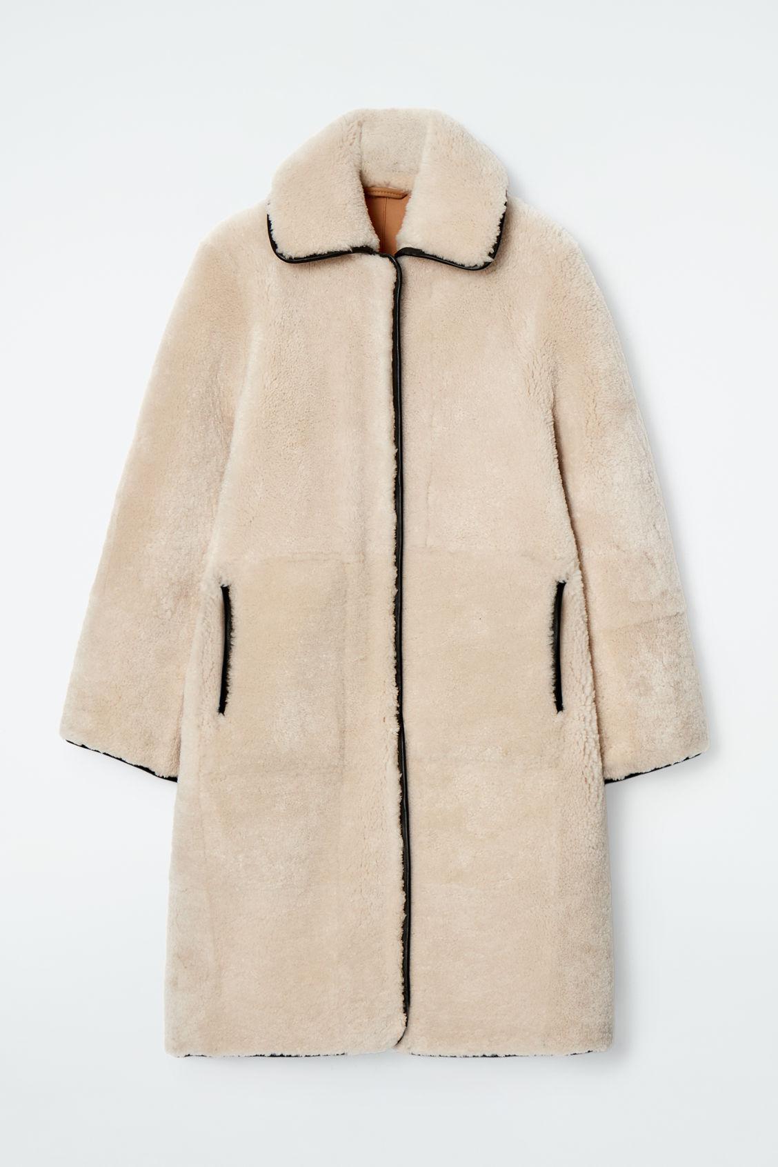 COS Leather-Trimmed Shearling Coat in CREAM | endource