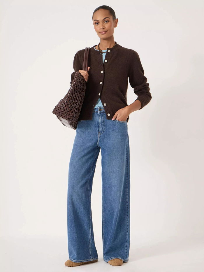 HUSH Puff Shoulder Wool Rich Cardigan, Dark Brown | endource