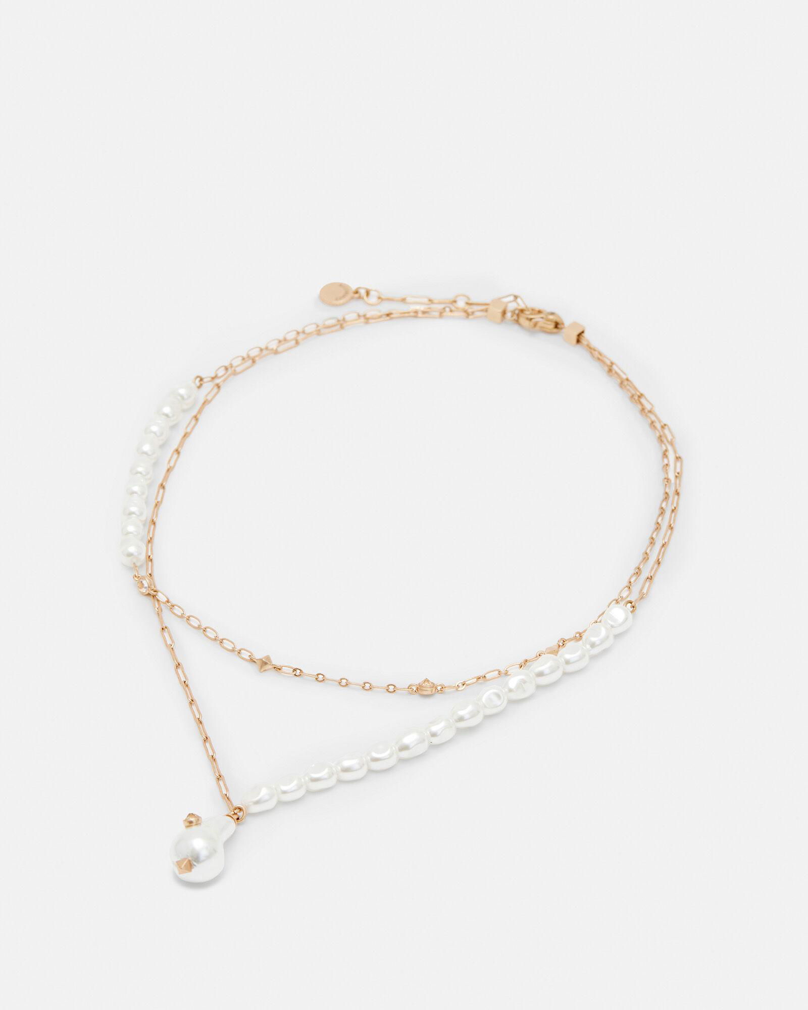 ALLSAINTS Shelby Pearl Pendant Gold Tone Necklace in Warm Brass | endource