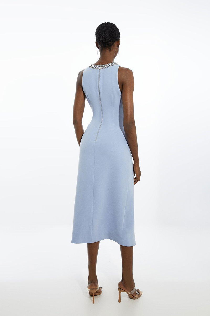 Karen Millen Crystal Embellished Keyhole Woven Midi Dress In Blue