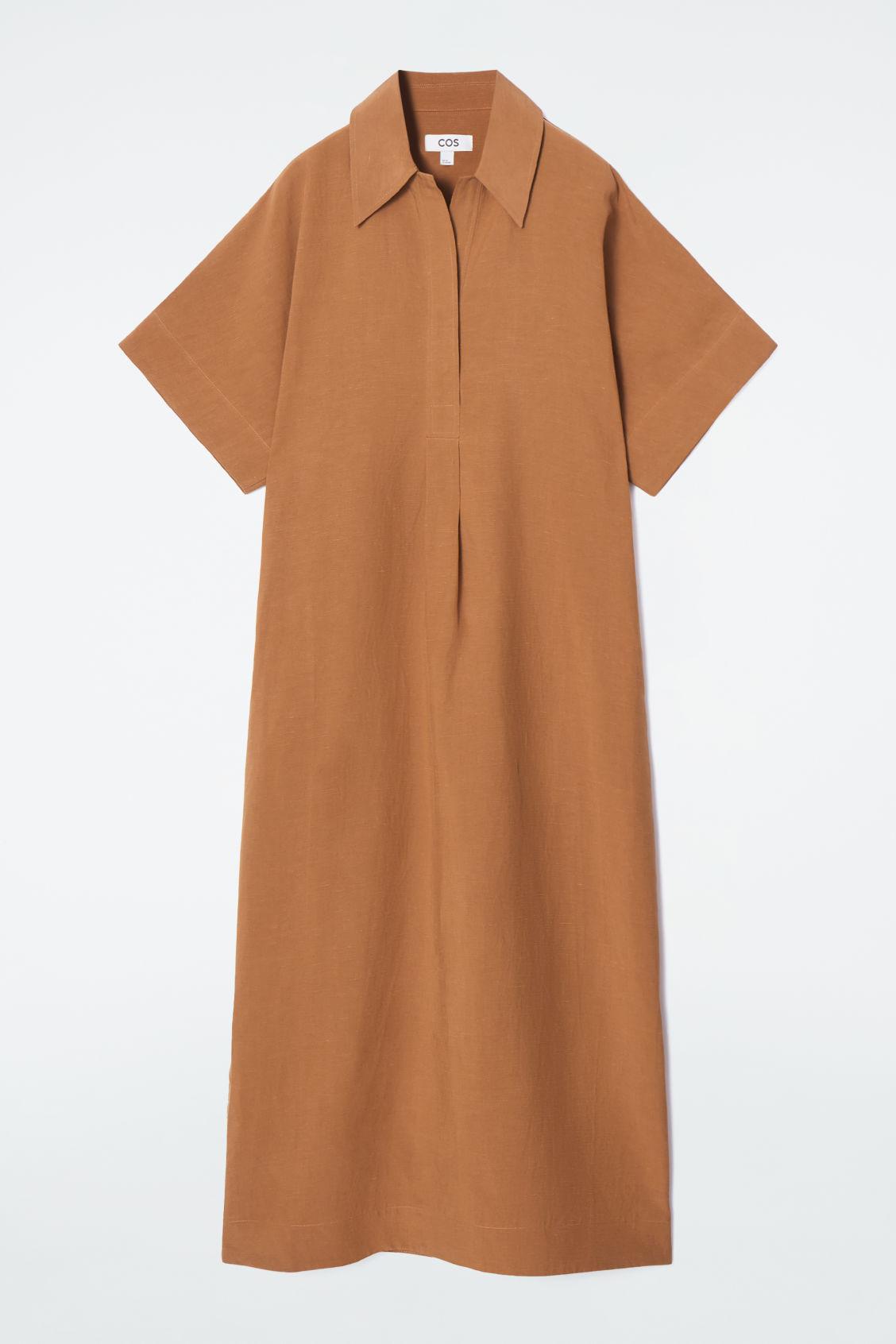 COS Linen-Blend Midi Shirt Dress in TERRACOTTA | endource